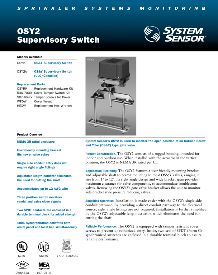 system sensor, 閘閥監視開關 OSY2 UL/FM認證, 台灣之光 ‧ 消防精品
